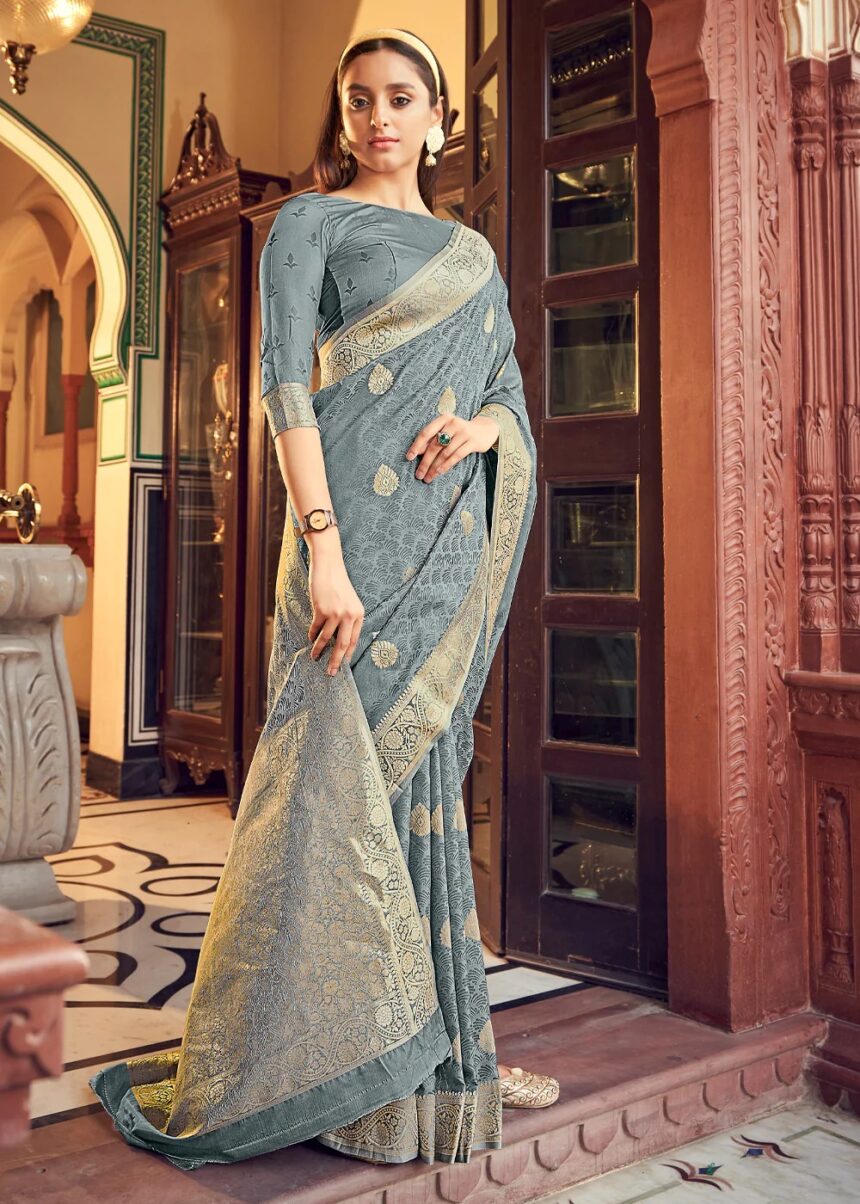 Cement Gray Designer Saree with Heavy Work - Urban Womania