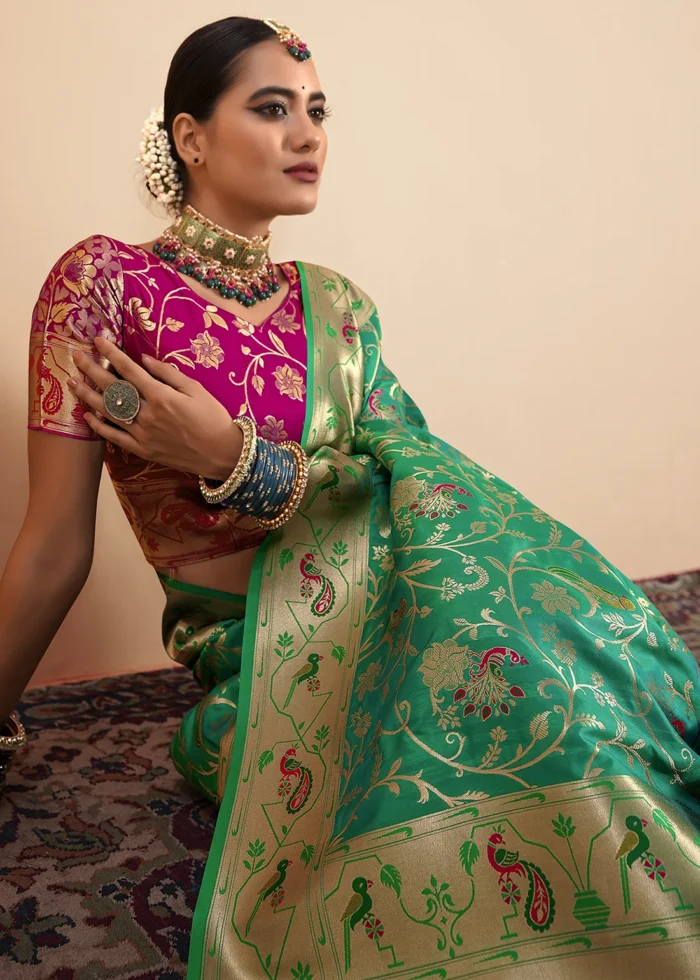 Green Paithani Silk Saree with Magenta Blouse - Urban Womania